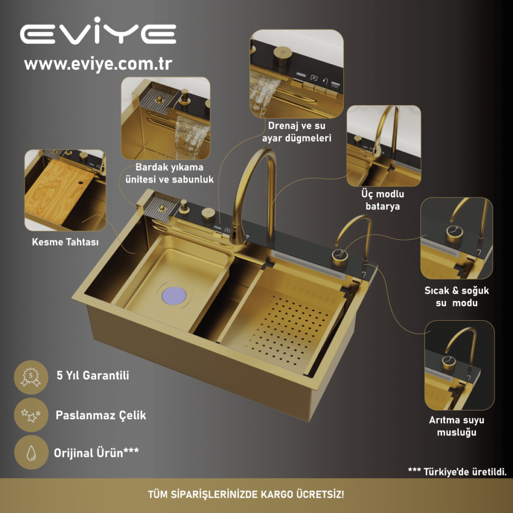Dijital Lüks Şelale Tasarımlı Akıllı Eviye AS3547 75×45 cm Gold - Asil ...